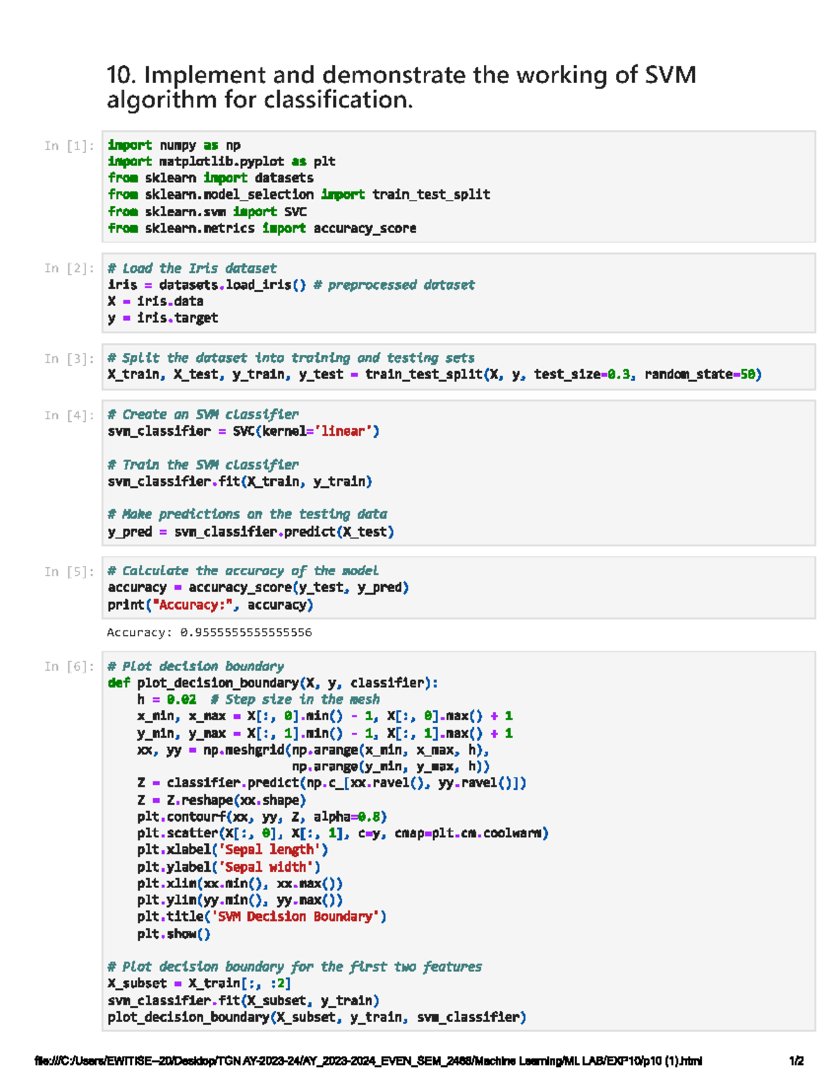 P10 - LAB - 10. Implement and demonstrate the working of SVM algorithm for classification. In ...
