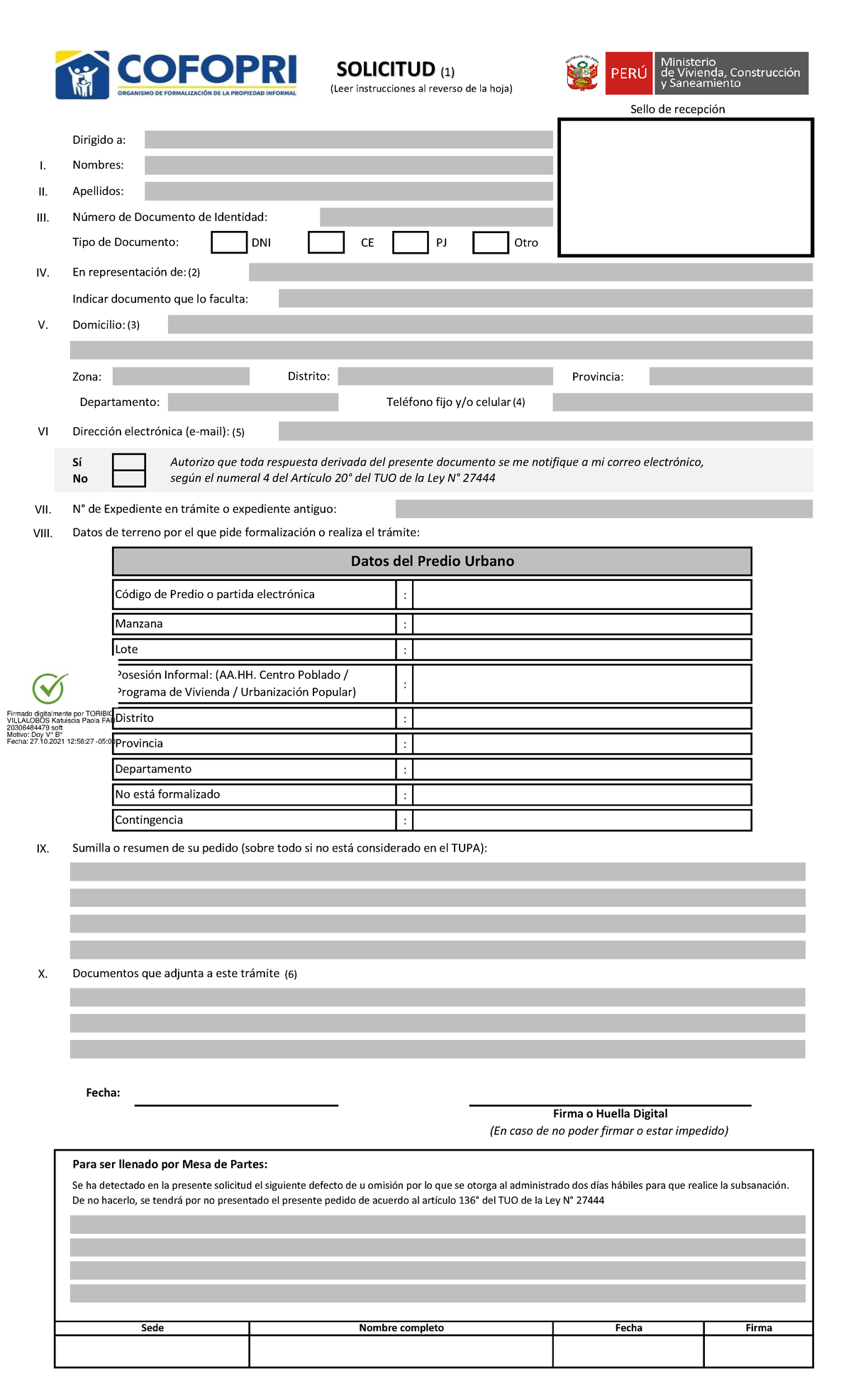 Cofopri - datos puntuales - Dirigido a: I. II. III. DNI CE PJ Otro IV. Indicar documento que lo ...