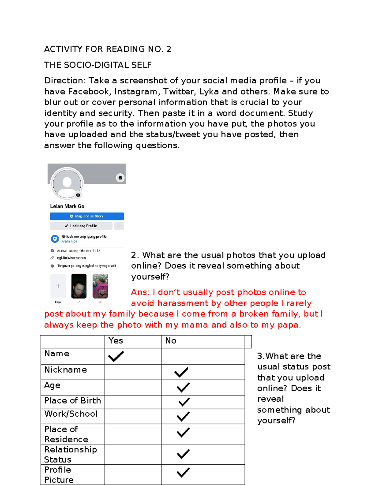 Module 7 UTS - No info - ACTIVITY FOR READING NO. 2 THE SOCIO-DIGITAL SELF Direction: Take a ...