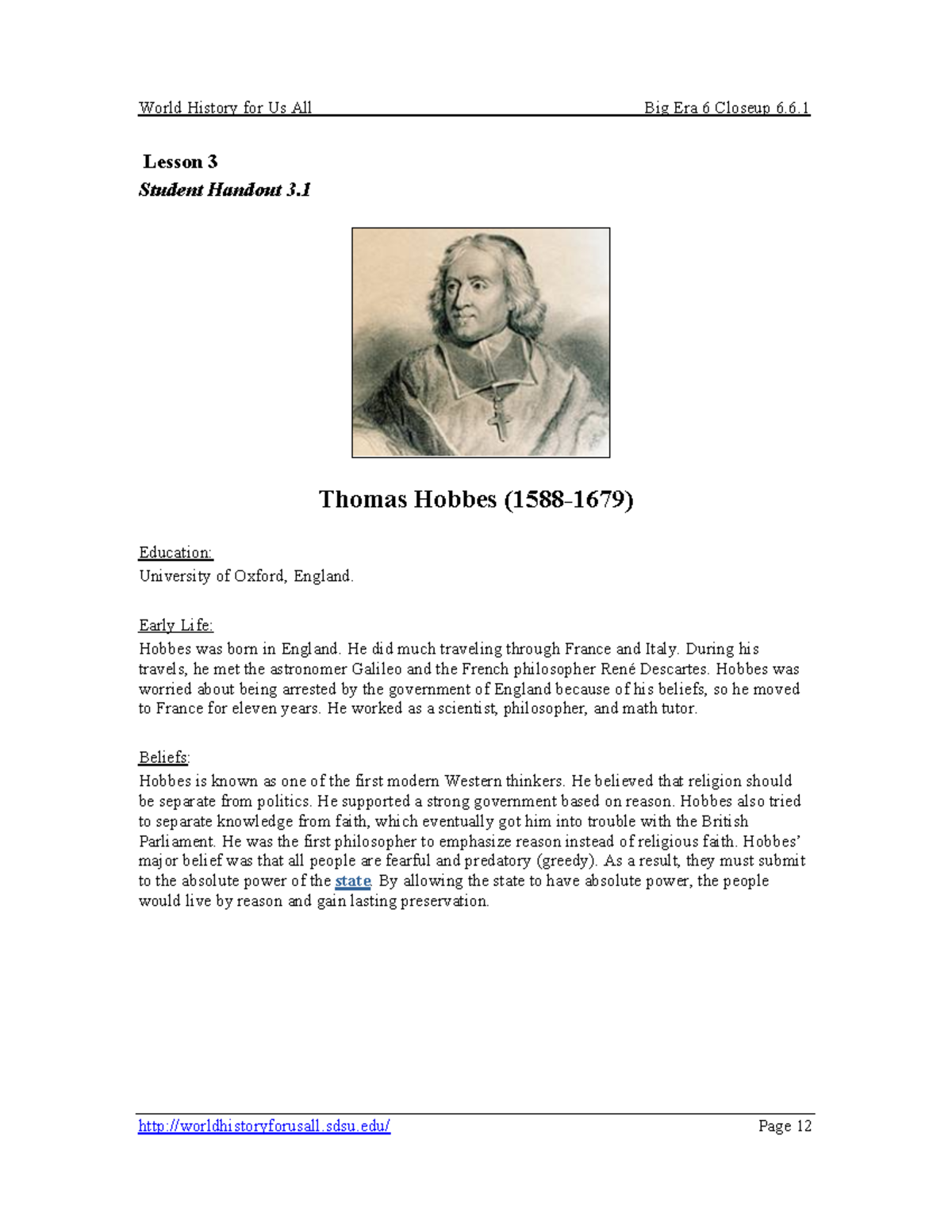 Enlightenment info sheets - Lesson 3 Student Handout 3. Thomas Hobbes ...