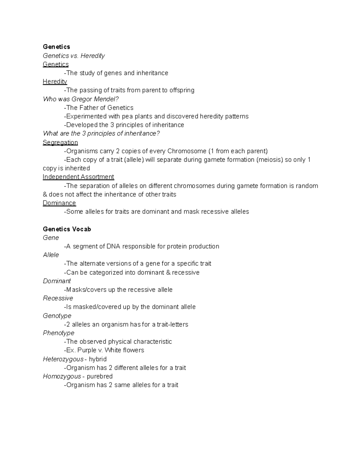 Bio Notes Unit 7 - Genetics Genetics vs. Heredity Genetics -The study ...