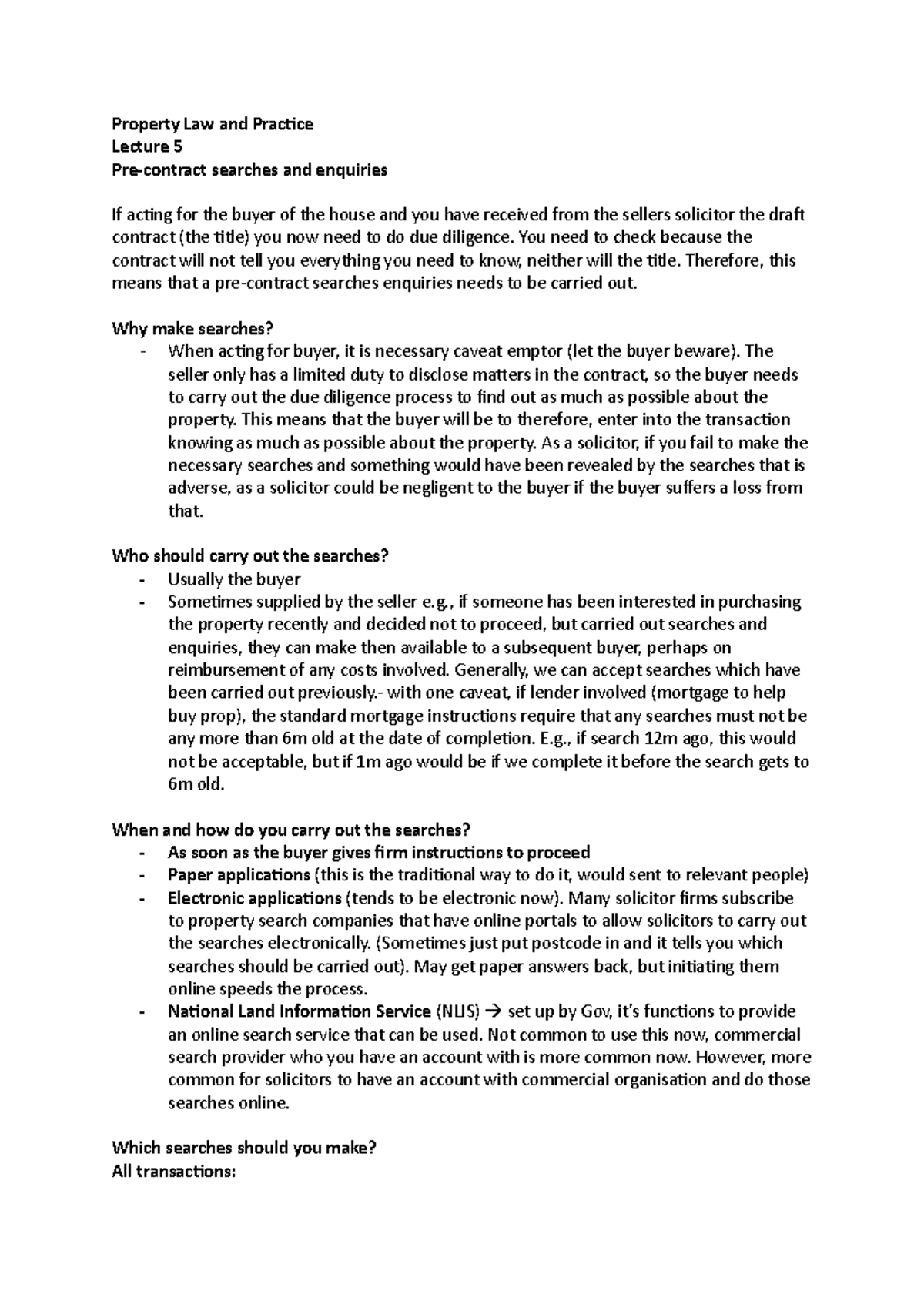 Lecture 5 Pre-contract searches and enquiries - Property Law and ...