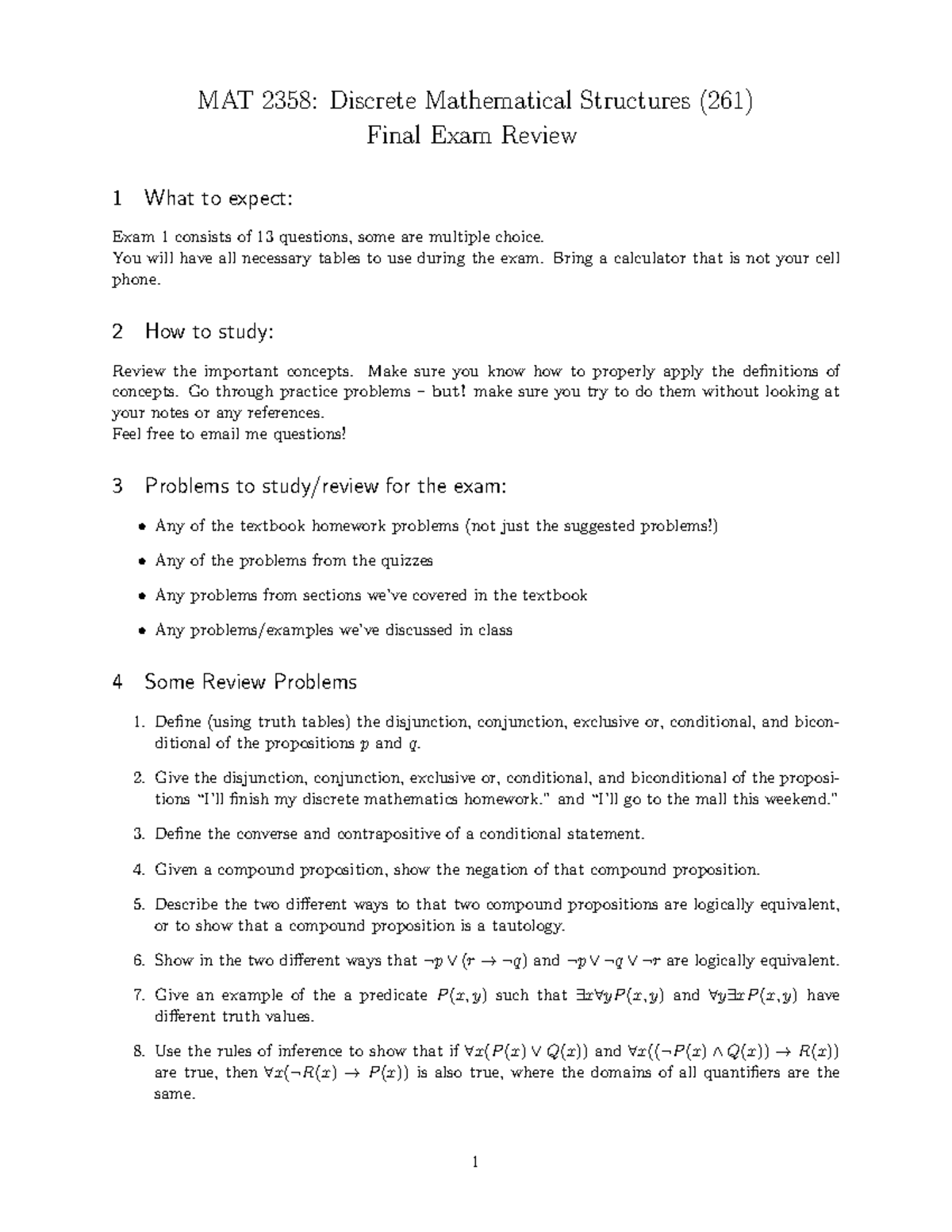 Final Exam Review - 2021 261 - MAT 2358: Discrete Mathematical ...