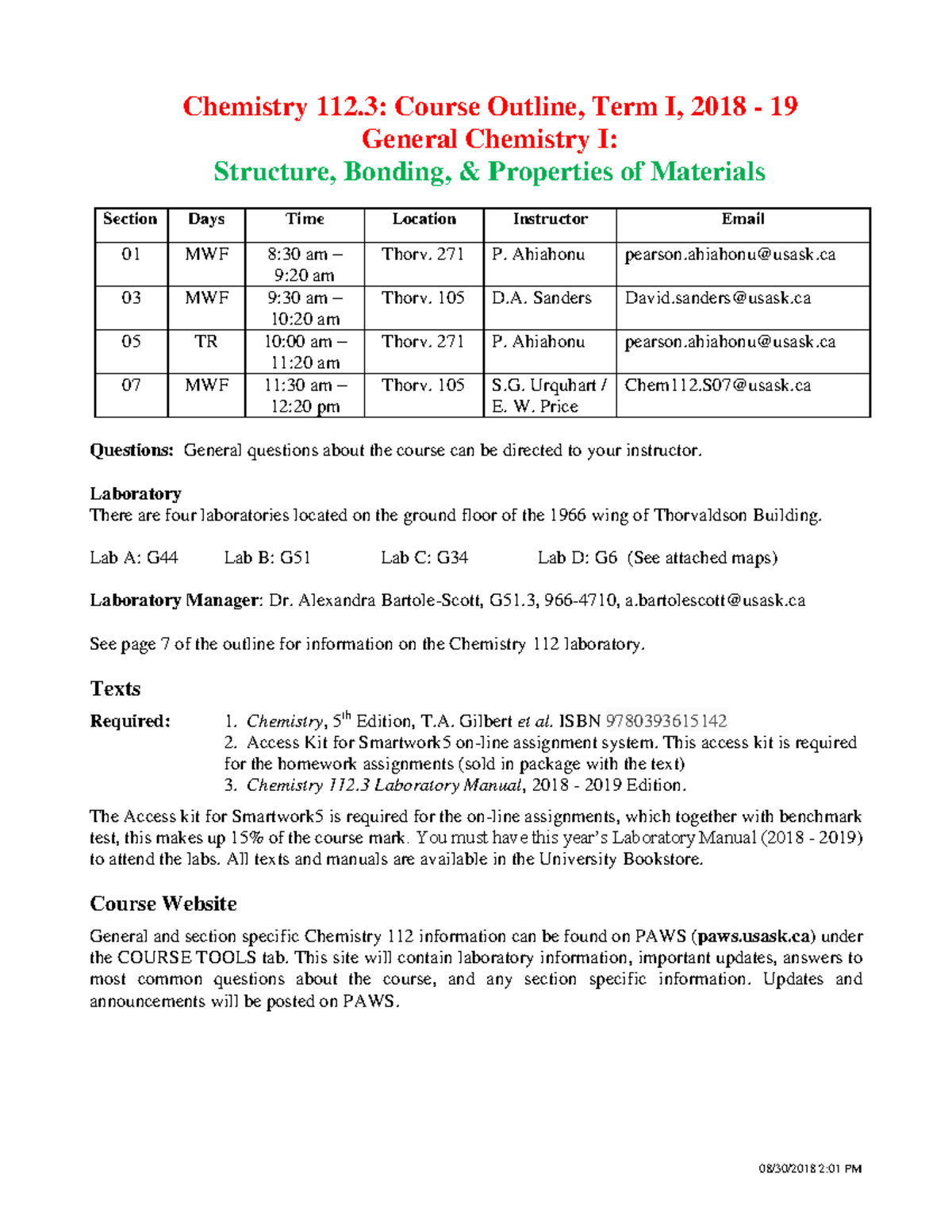 Course Outline - Summary General Chemistry I Structure Bonding and ...