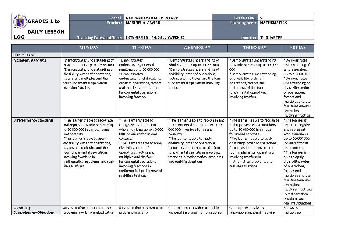 DLL Mathematics 5 Q1 W8 - n/a - GRADES 1 to 12 DAILY LESSON LOG School: NAGPANDAYAN ELEMENTARY ...