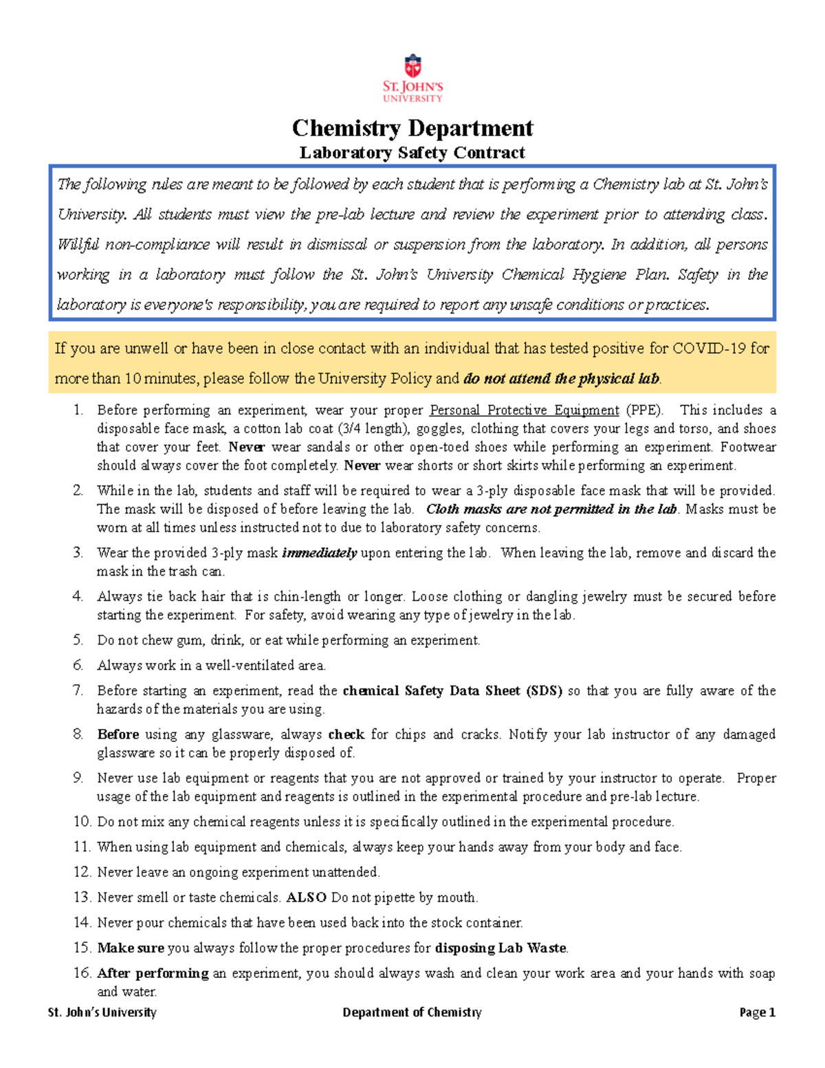 Lab Safety Contract FL2021 - Chemistry Department Laboratory Safety ...