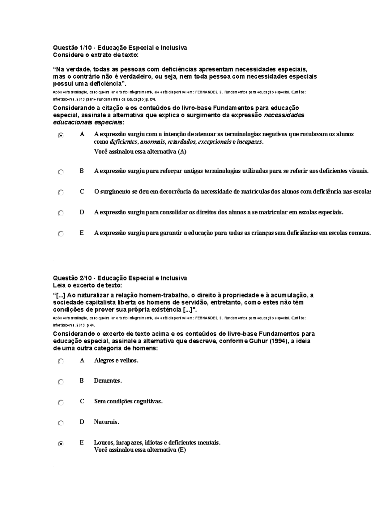 Questão 1 - APOL 1 - Questão 1/10 - Educação Especial e Inclusiva ...