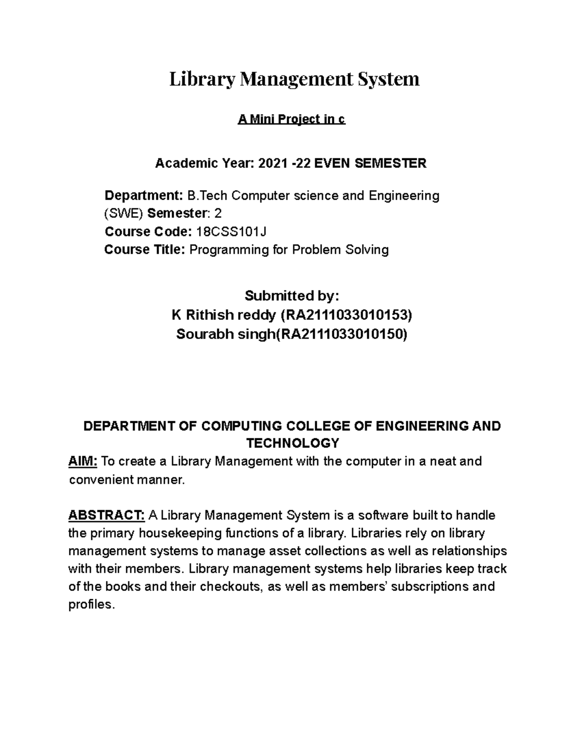 Mini Project (1) - maths - Library Management System A Mini Project in c Academic Year: 2021 ...