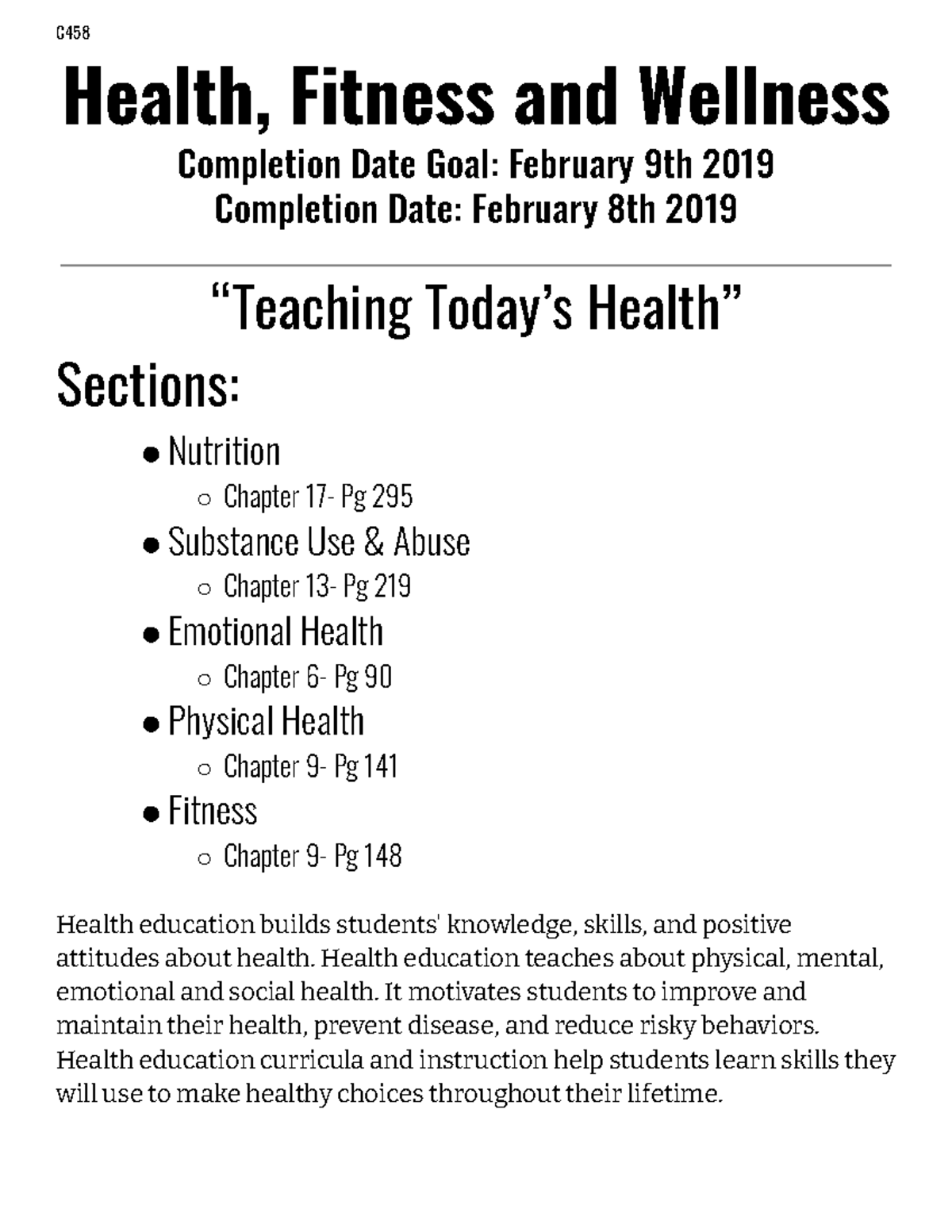 Health Notes - Health, Fitness and Wellness Completion Date Goal ...