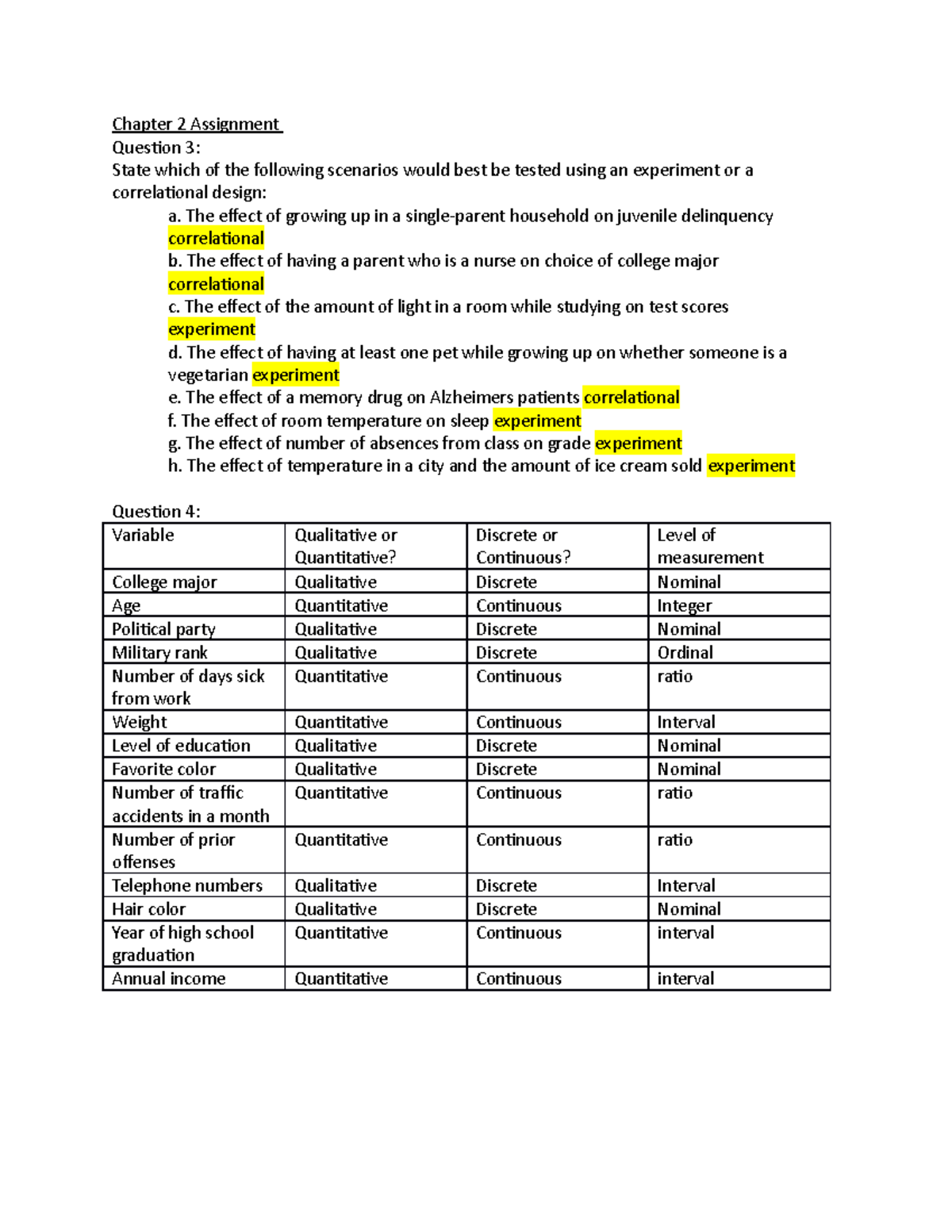 Chapter 2 Assignment - Chapter 2 Assignment Question 3: State which of the following scenarios ...