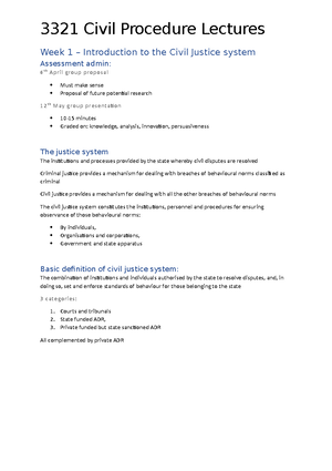 Civil Procedure - lecture notes all - CIVIL PROCEDURE – WEEK 1 The ...