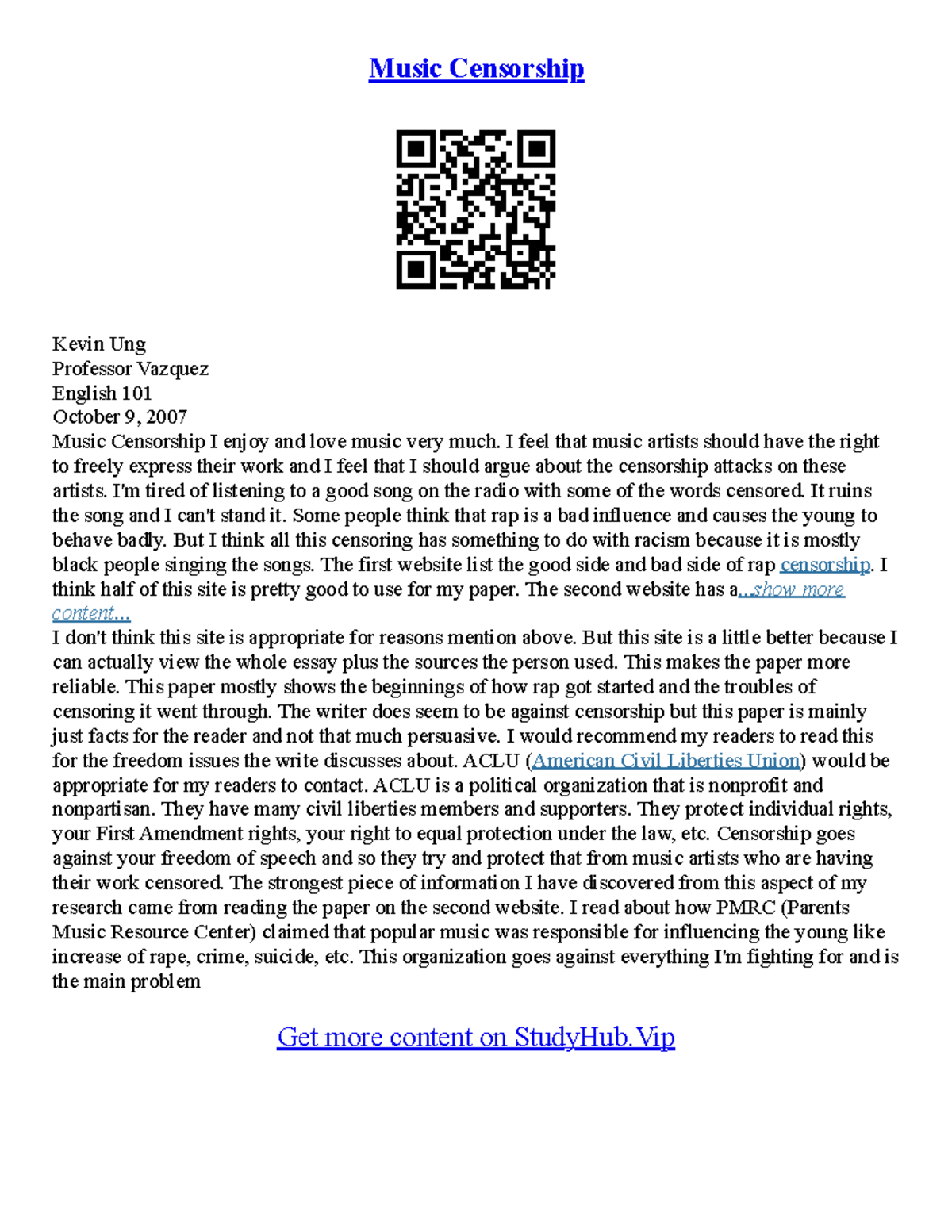 Music Censorship Essay - Music Censorship Kevin Ung Professor Vazquez ...