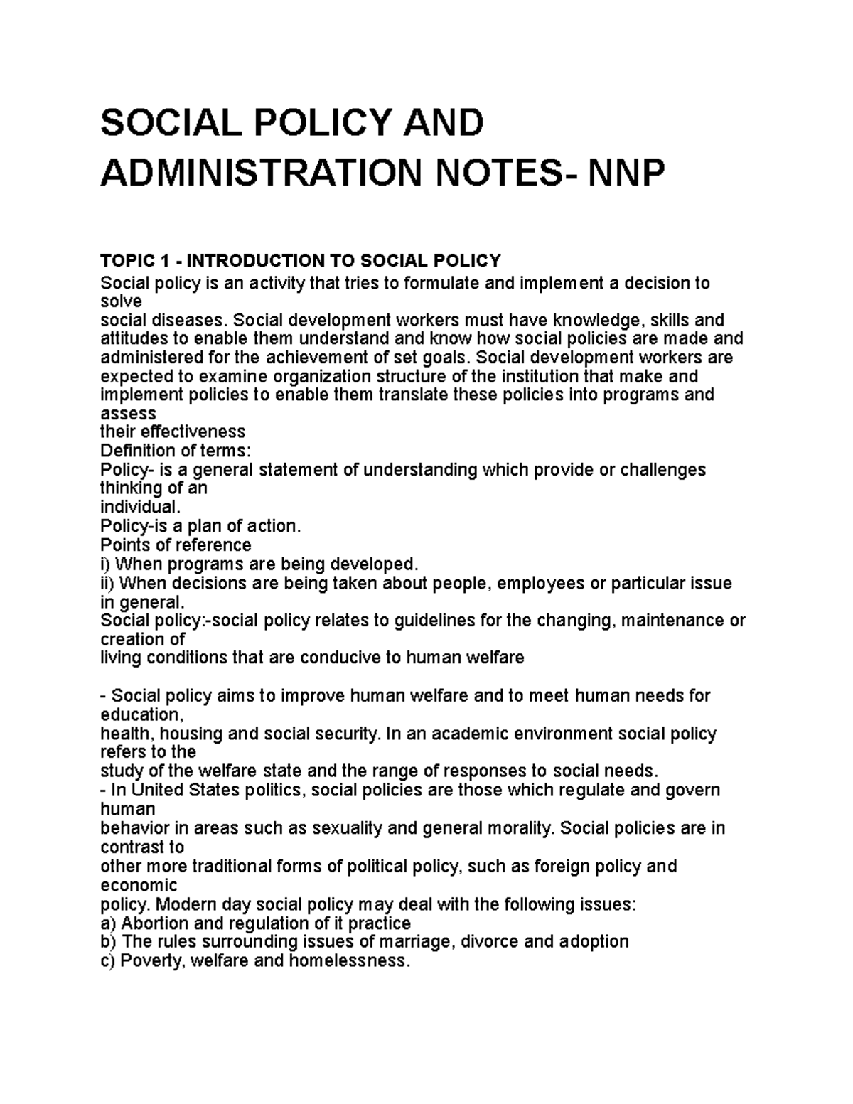 Social Policy notes Nnp - SOCIAL POLICY AND ADMINISTRATION NOTES- NNP ...