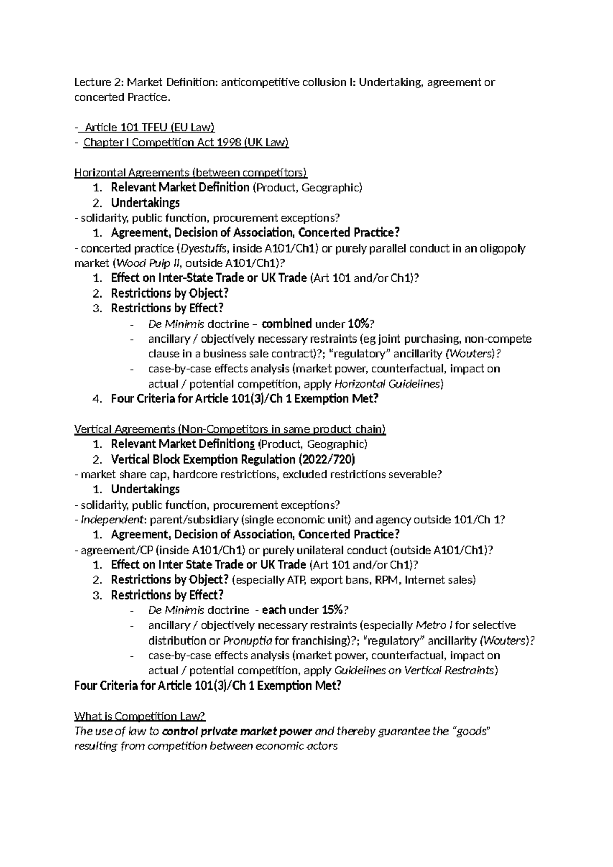 Lecture 2- Market Definition- Article 101 TFEU (EU Law) Chapter I Competition Act 1998 (UK Law ...