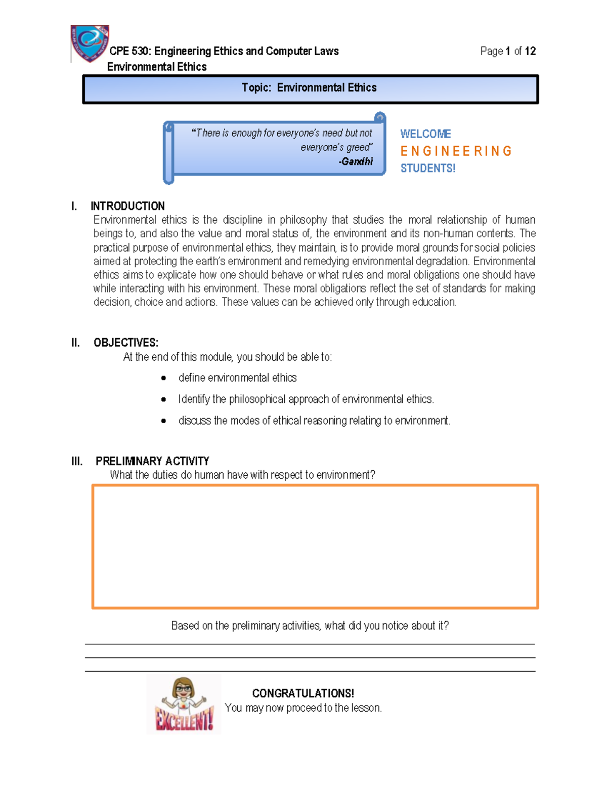 CPE530-Content-Module 11 - Environmental Ethics WELCOME E N G I N E E R ...