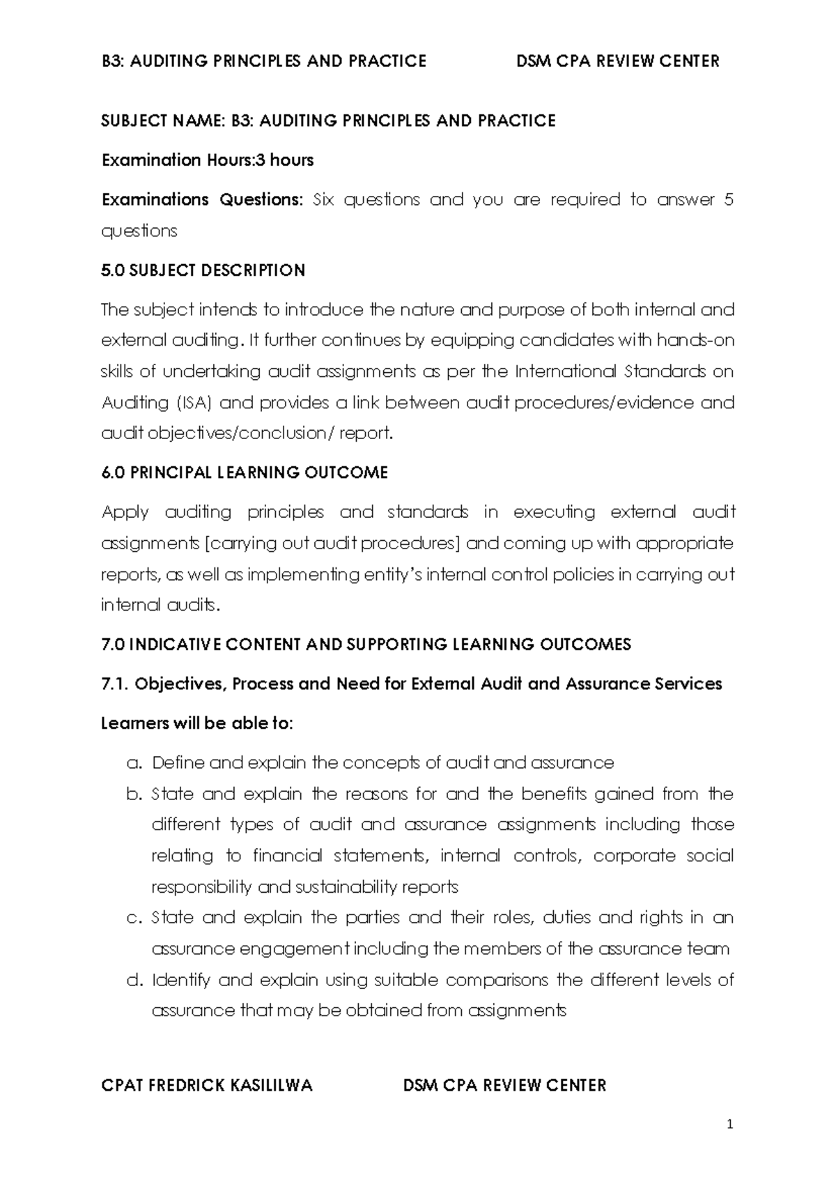 B3 - Auditing Principles and Practice - CPAT FREDRICK KASILILWA DSM CPA REVIEW CENTER SUBJECT ...