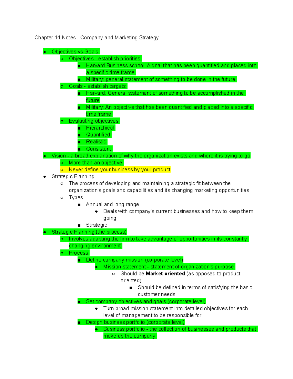 Chapter 14 Notes- Company and Marketing Strategy - Chapter 14 Notes ...