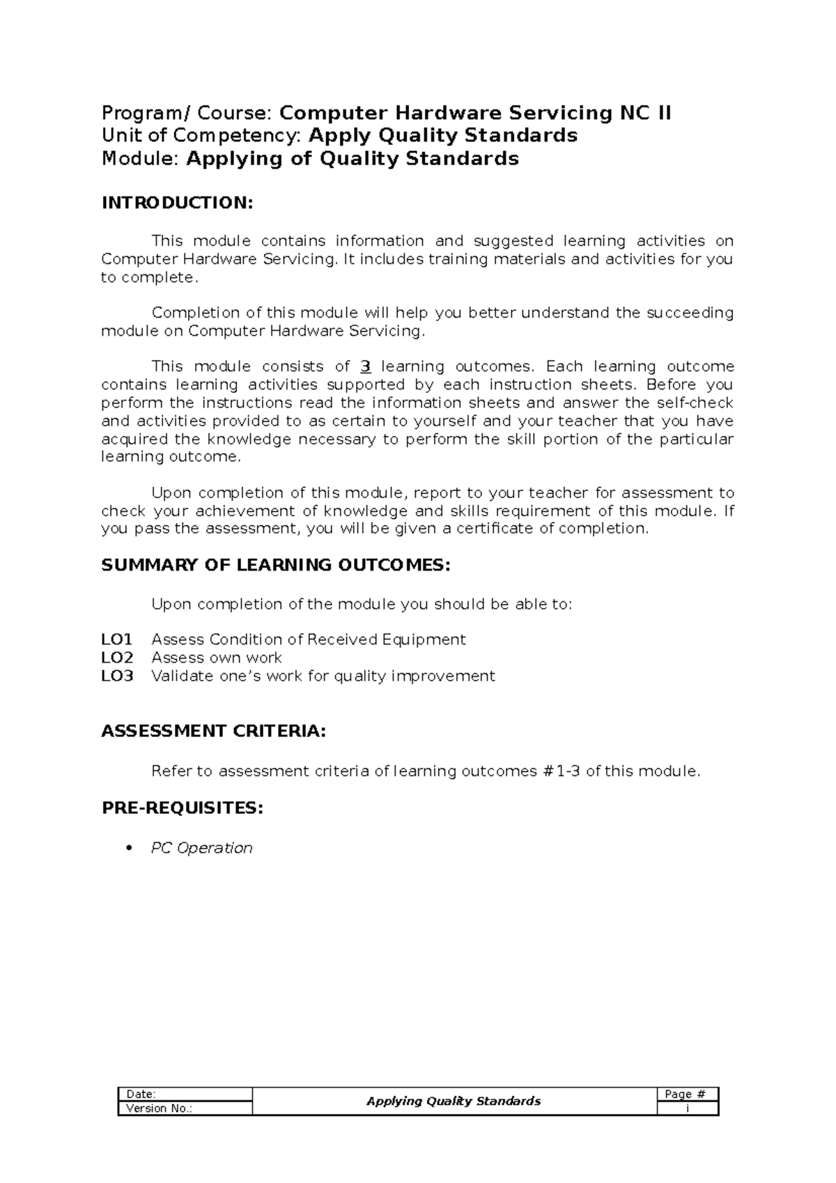Module 1 applying quality standard lesson 1 - Program/ Course: Computer ...