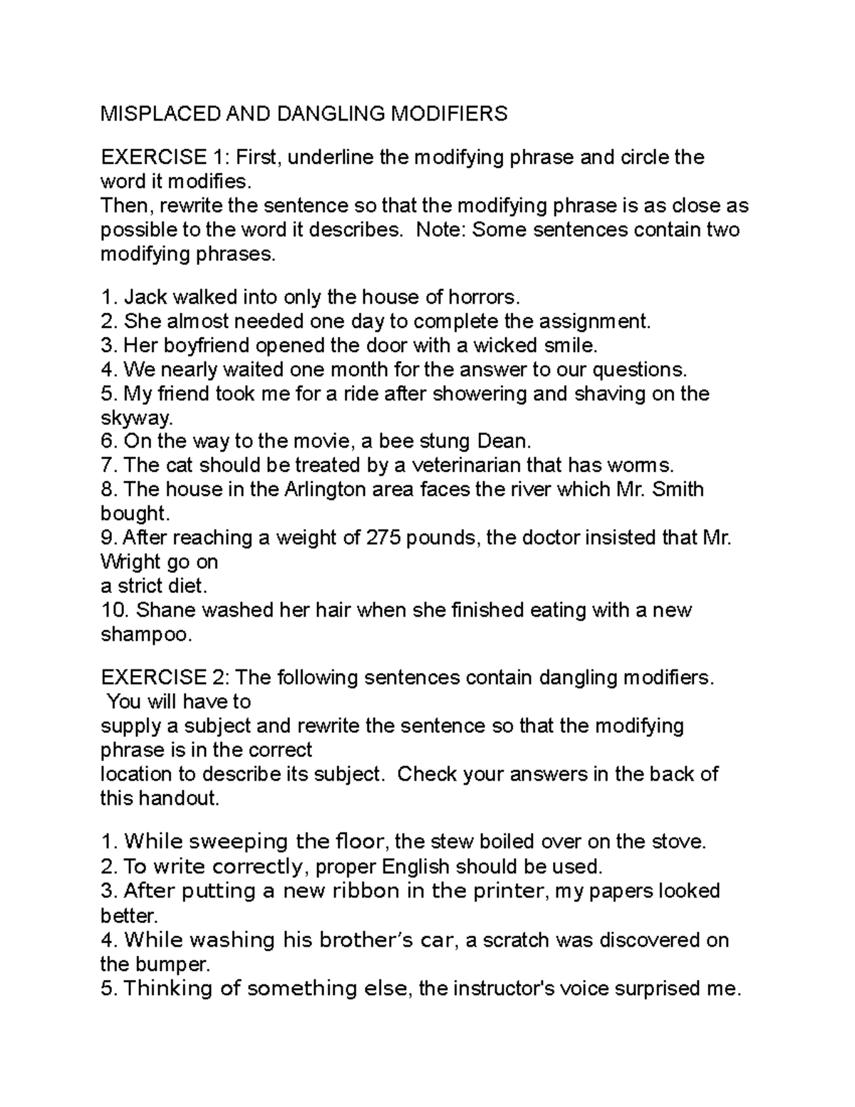 Misplaced and dangling modifiers practice 3 - MISPLACED AND DANGLING ...