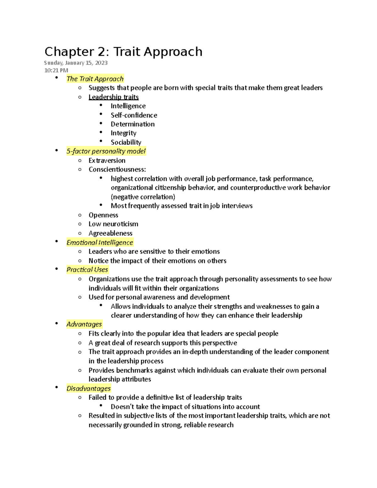 LDR 200L- Northouse Chapter 2 - Chapter 2: Trait Approach Sunday, January 15, 2023 10:21 PM The ...