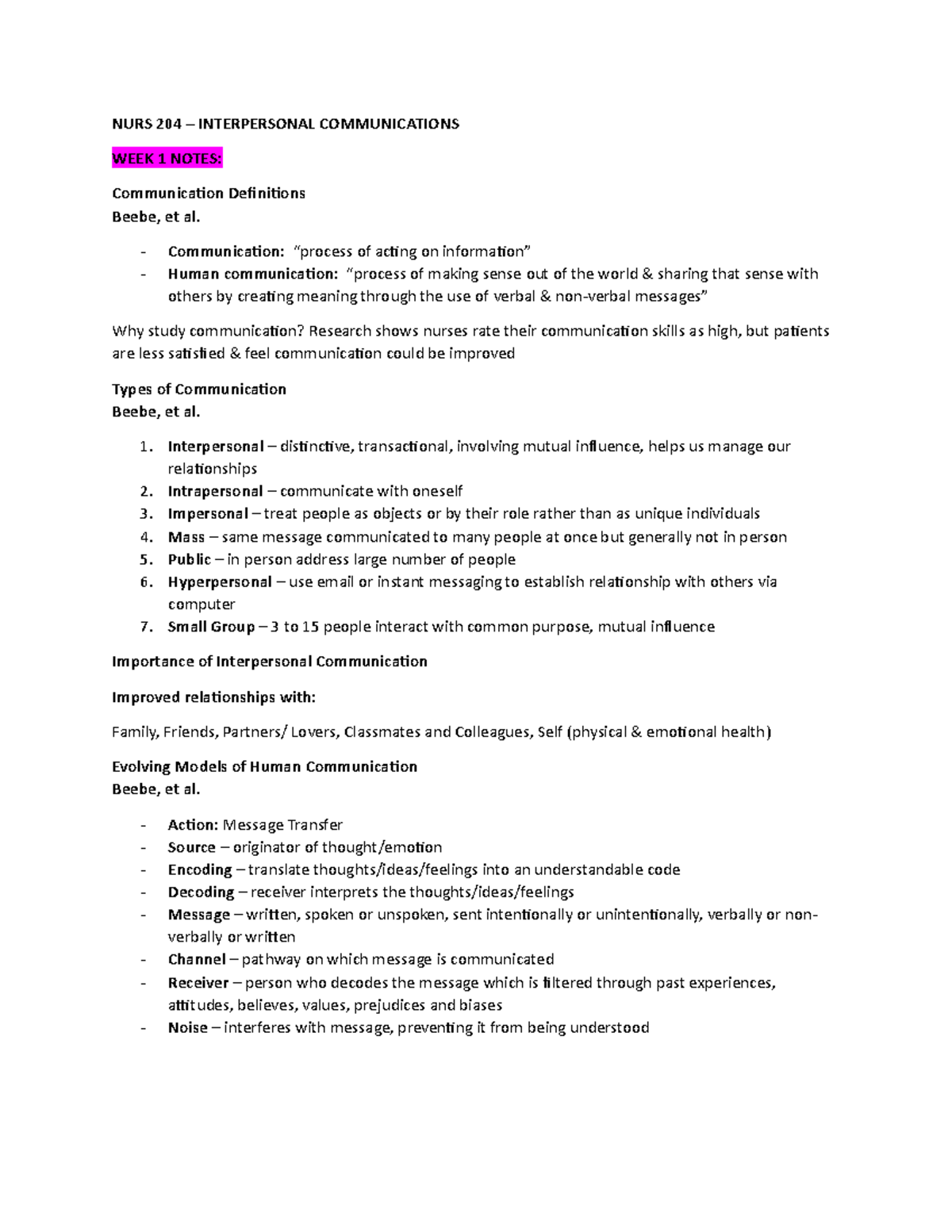 NURS 204 - Complete Notes - NURS 204 – INTERPERSONAL COMMUNICATIONS ...
