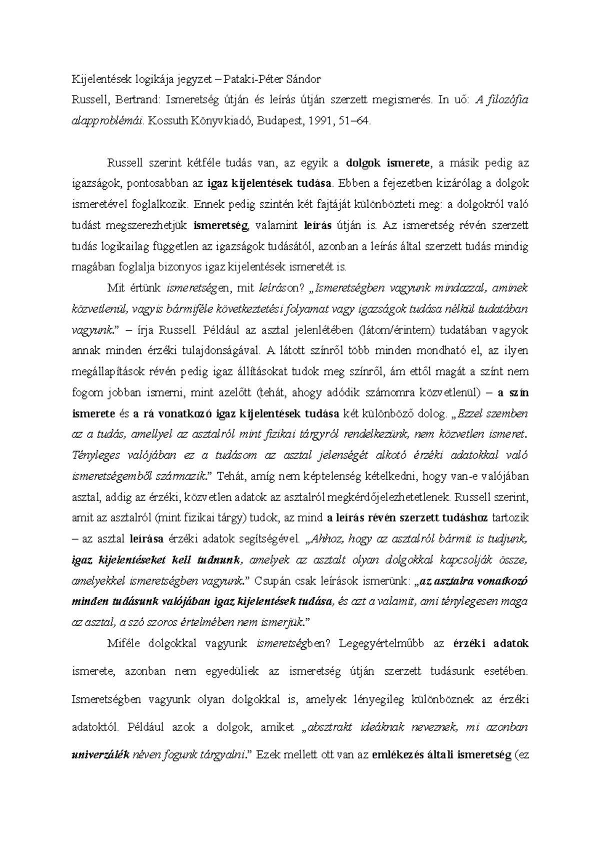 Bertrand Russell jegyzet - Kijelentések logikája jegyzet – Pataki-Péter ...