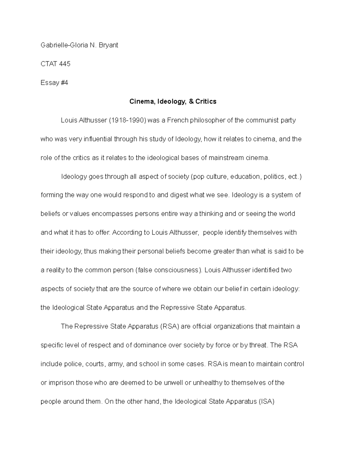 Louis Althusser - Grade: A - Gabrielle-Gloria N. Bryant CTAT 445 Essay ...
