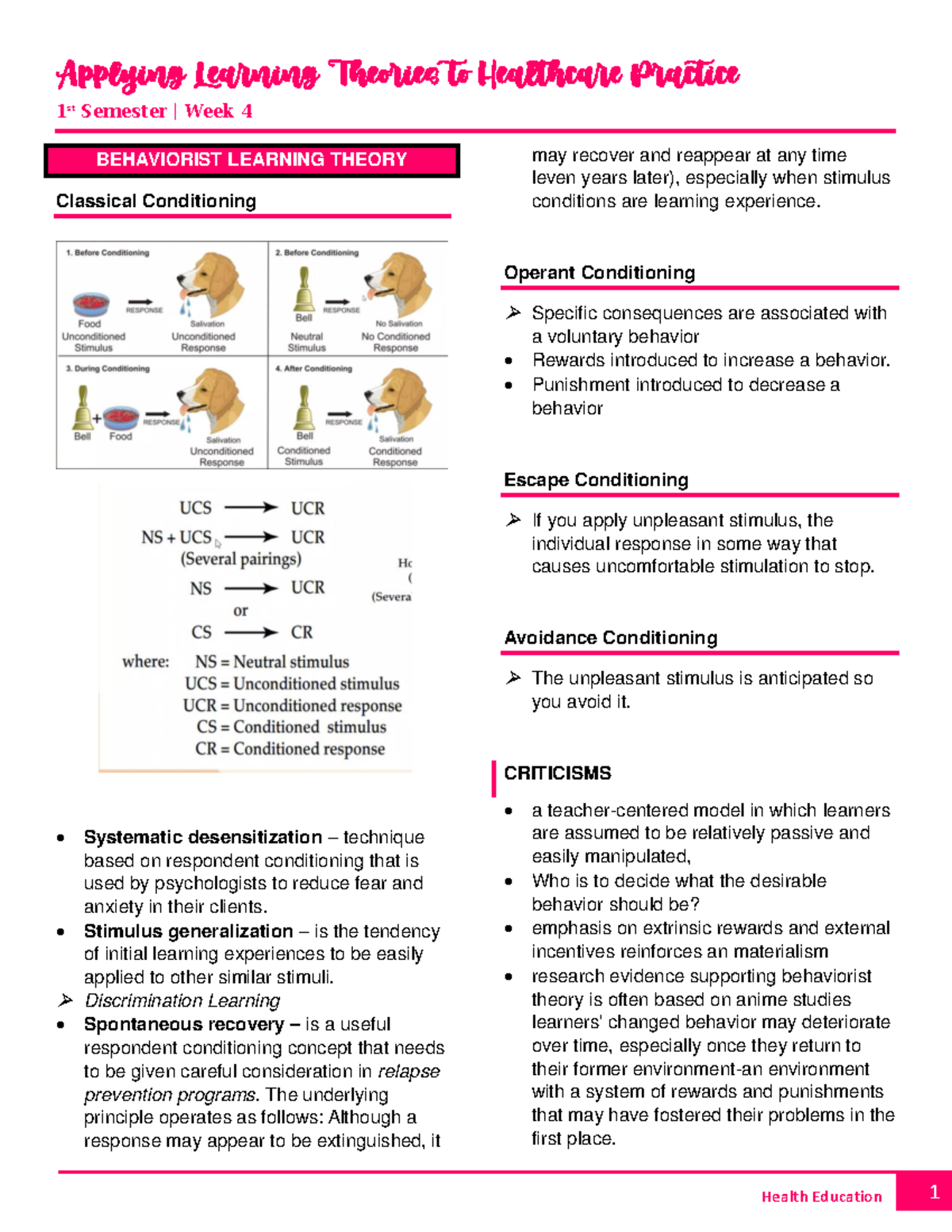 HE - Week 4 - hhghy - 1 st Semester | Week 4 BEHAVIORIST LEARNING ...