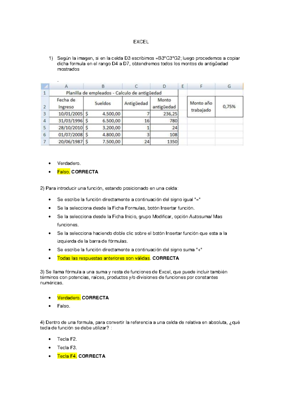 Modelo de parcial parte teorica de computación 1 - EXCEL Según la imagen, si en la celda D3 ...
