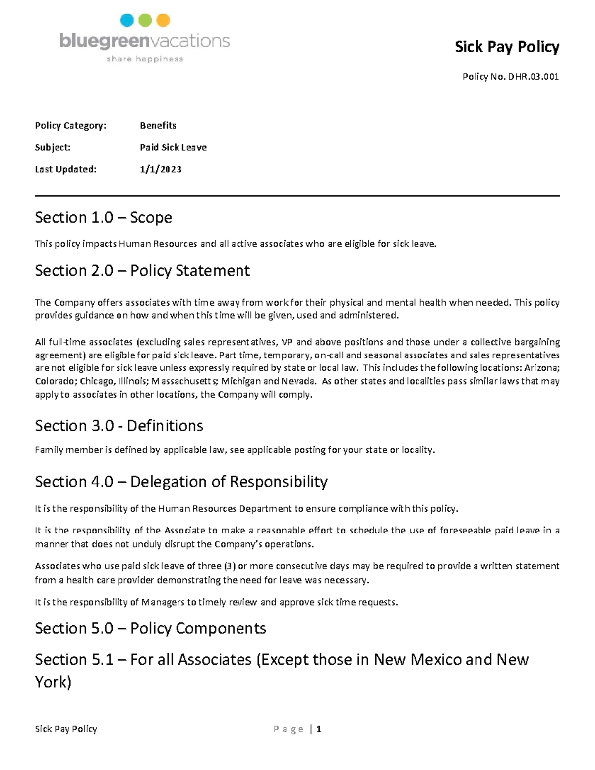 Sick Pay Policy - 1 - notes - Policy No. DHR. Policy Category: Benefits ...