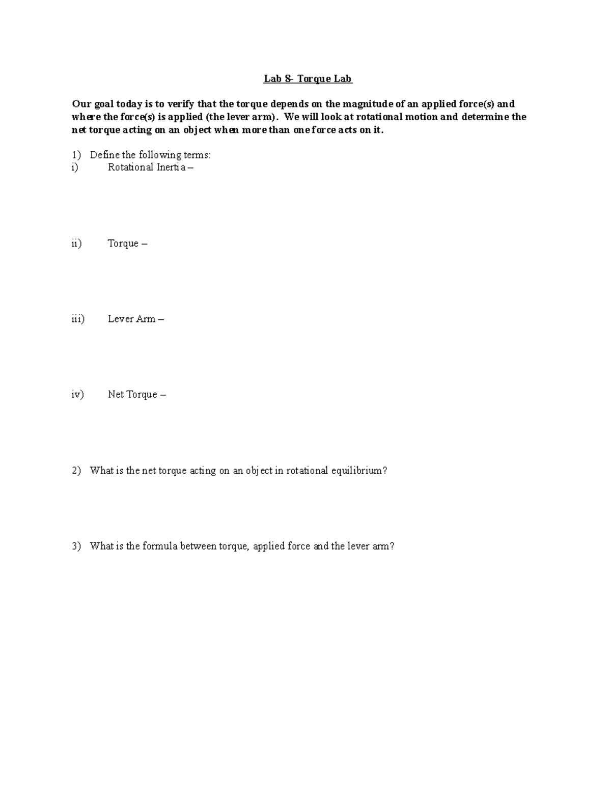 PHY110A Online Lab8 Torque - Lab 8- Torque Lab Our goal today is to ...