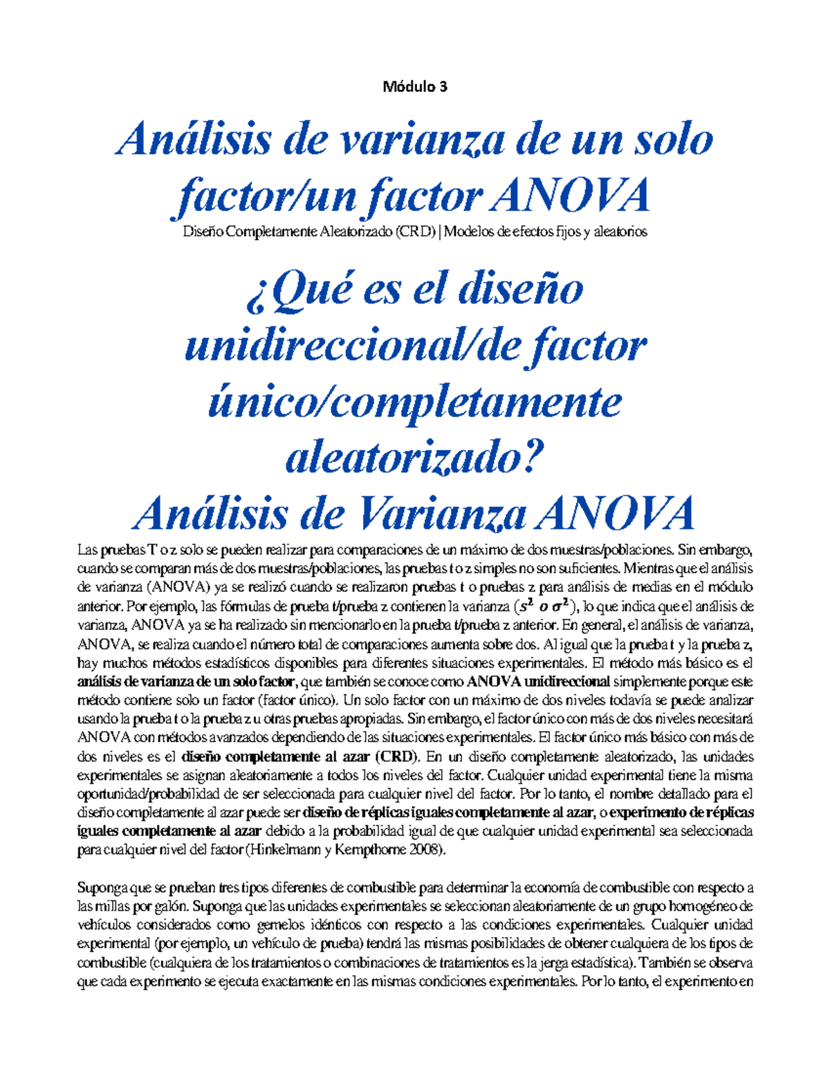 Clasesemana 04 - Prop - Módulo 3 Análisis de varianza de un solo factor/un factor ANOVA Diseño ...