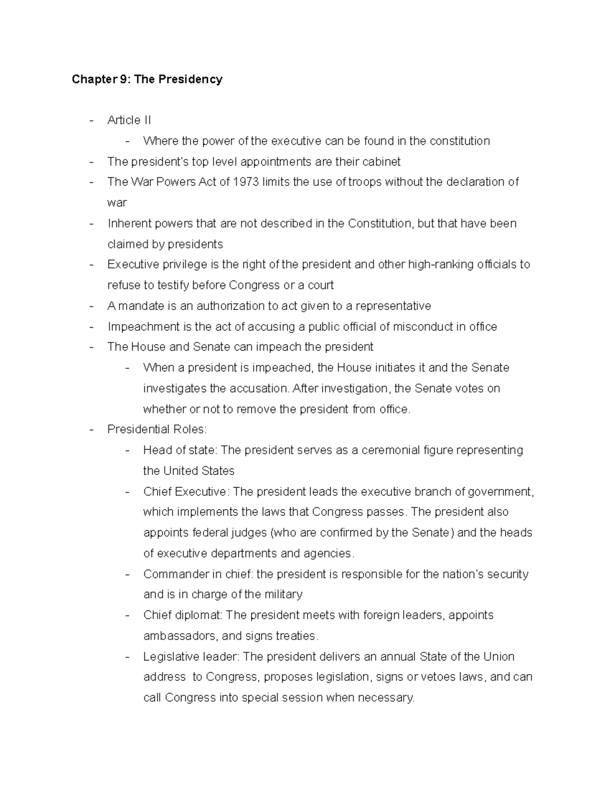 Gov outline ch 9-11 - CLASS NOTES - Chapter 9: The Presidency Article ...