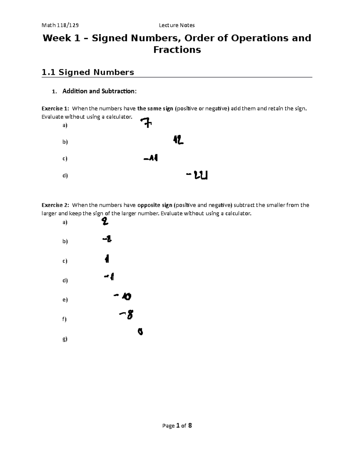 MATH118 Week 1 (1)- Worksheet Answers - Week 1 – Signed Numbers, Order ...