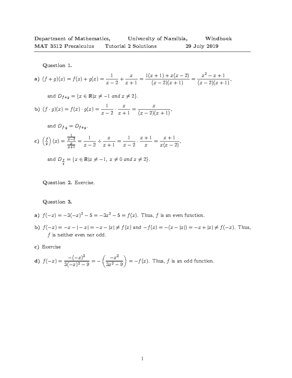 Tutorial 2 2019 Solutions - Department of Mathematics, University of ...