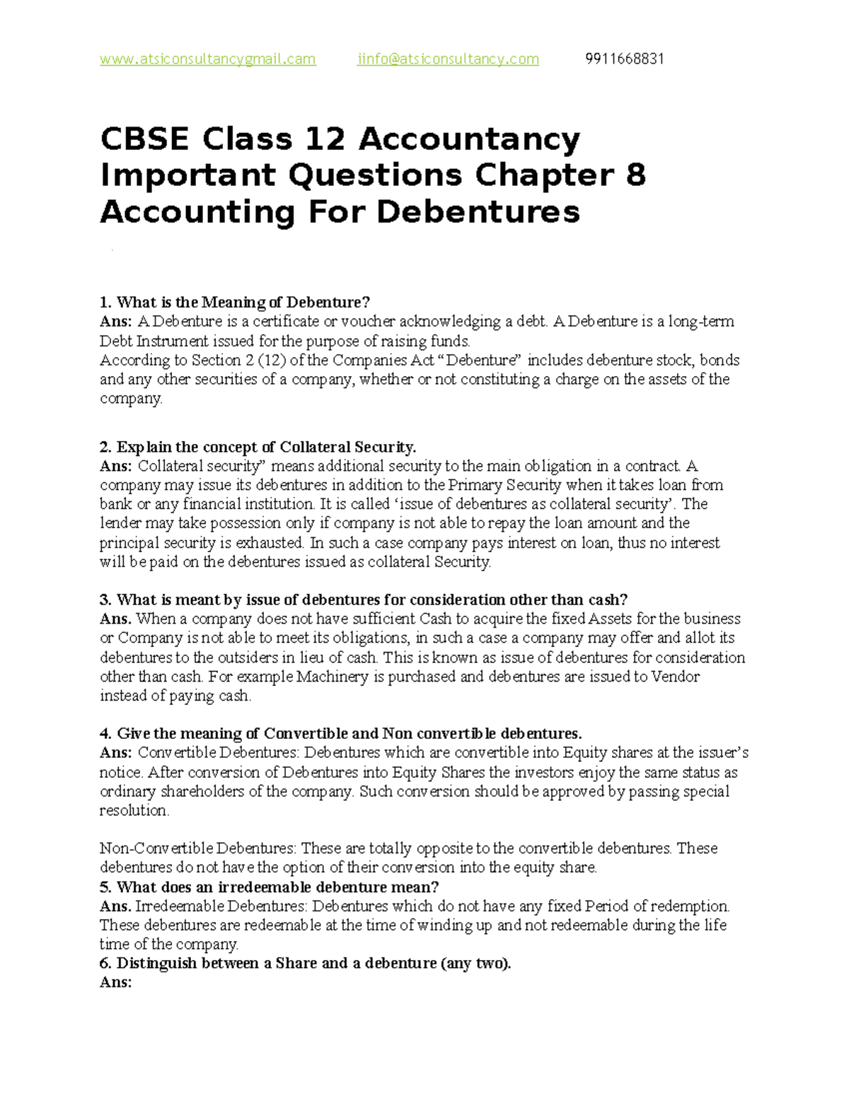 Important Question of debenture chapter 12th - CBSE Class 12 ...