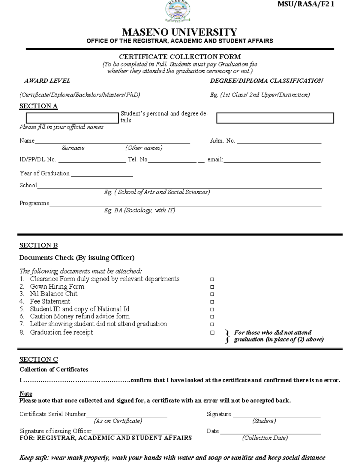 Certificate Collection FORM - MSU/RASA/F Keep safe: wear mask properly ...