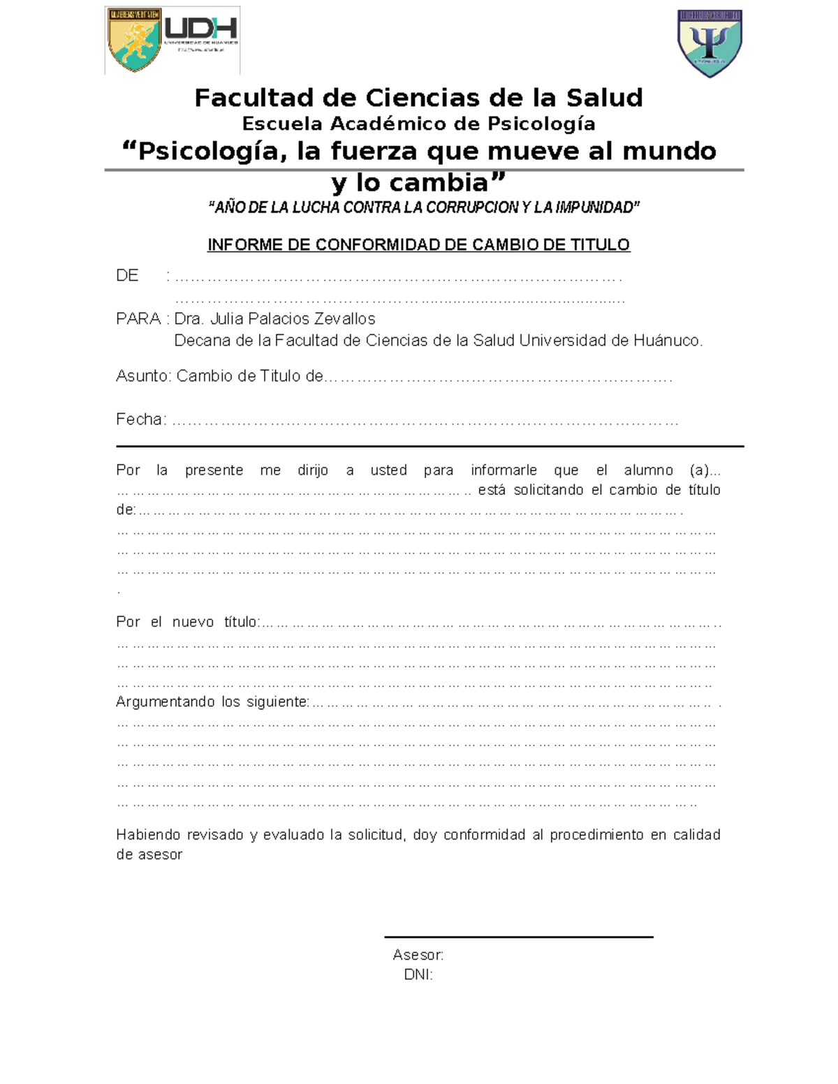 Formato DE Cambio DE Titulo - Facultad de Ciencias de la Salud Escuela ...