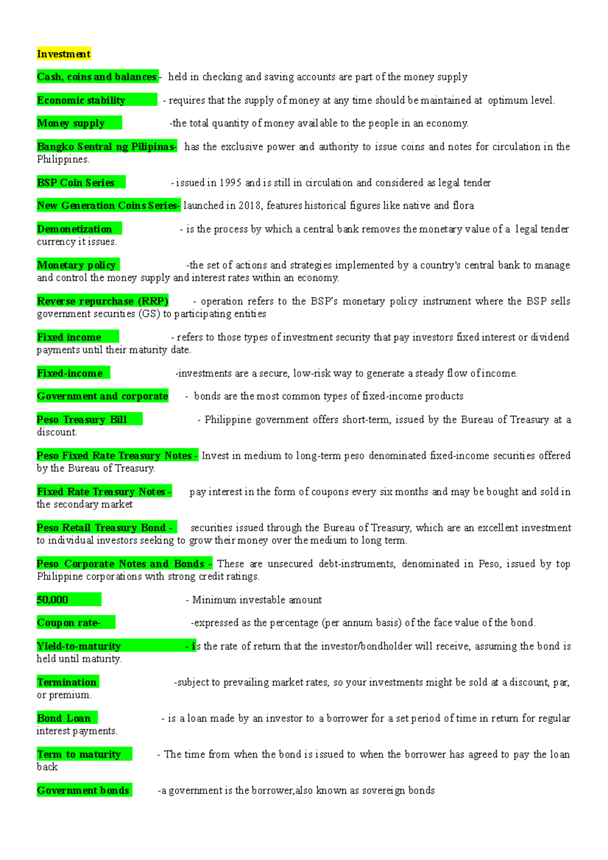 Investment - summarize notes - Investment Cash, coins and balances ...