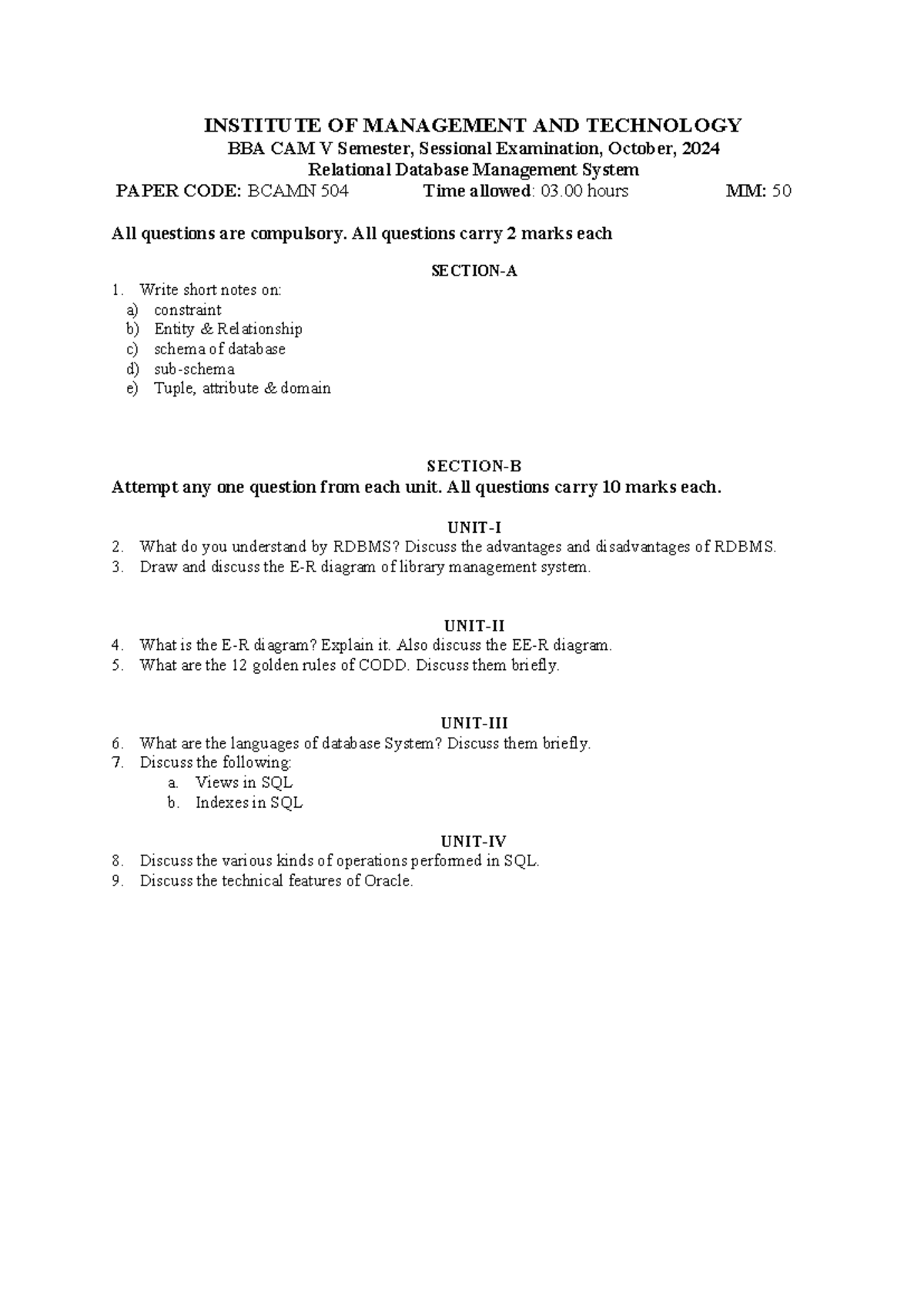 RDBM Question Paper CAM V (Auto Recovered) - INSTITUTE OF MANAGEMENT ...