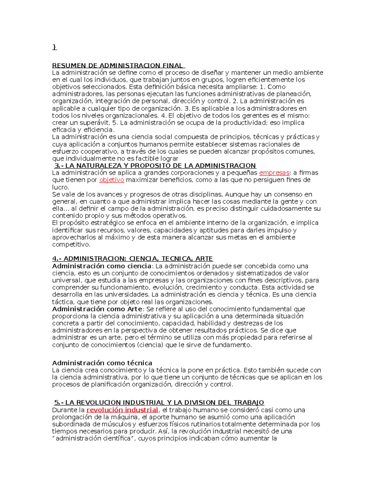 Resumen Administracion Final - } RESUMEN DE ADMINISTRACION FINAL La ...