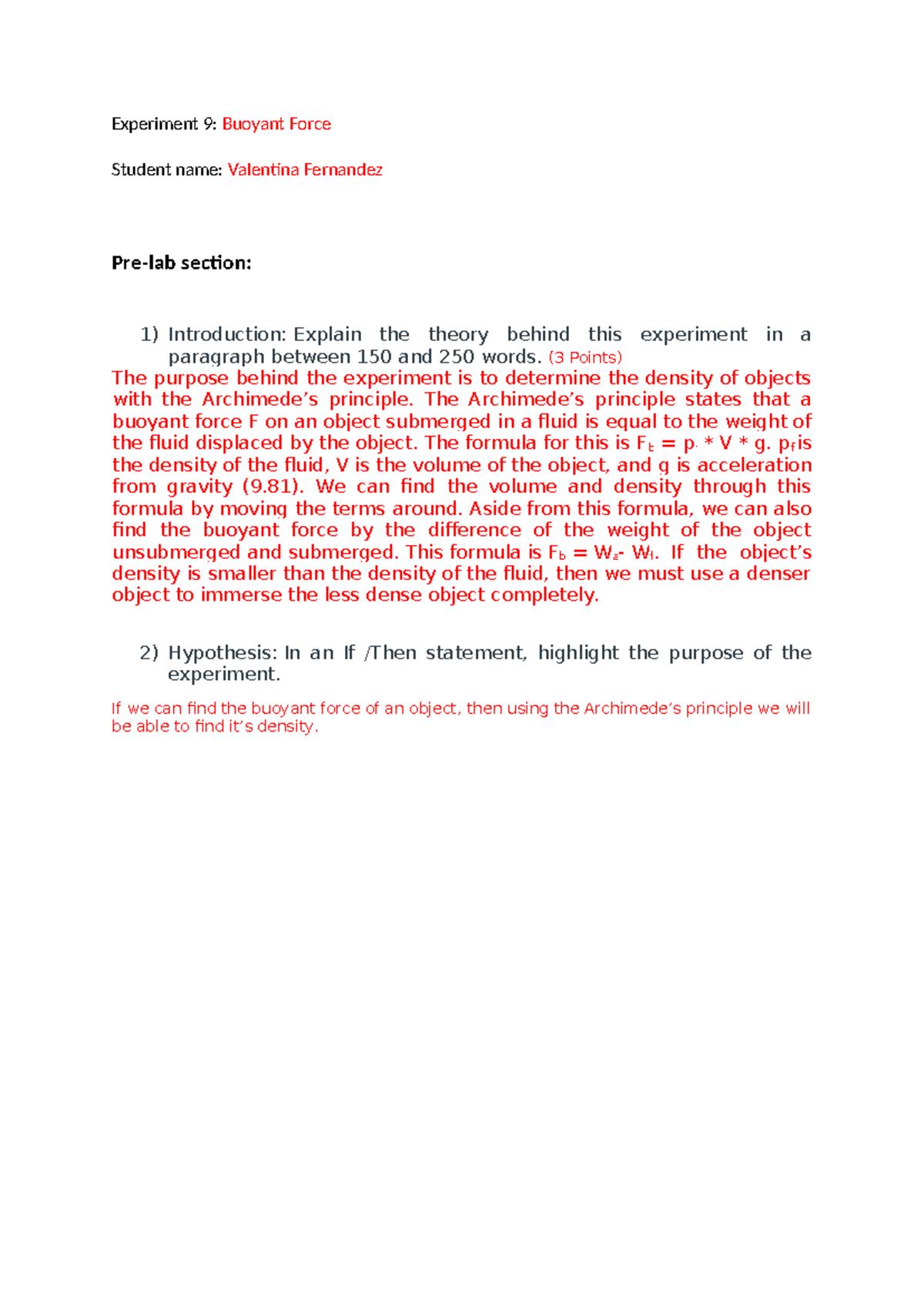 Experiment 9-Pre Lab Assignment - Experiment 9: Buoyant Force Student ...