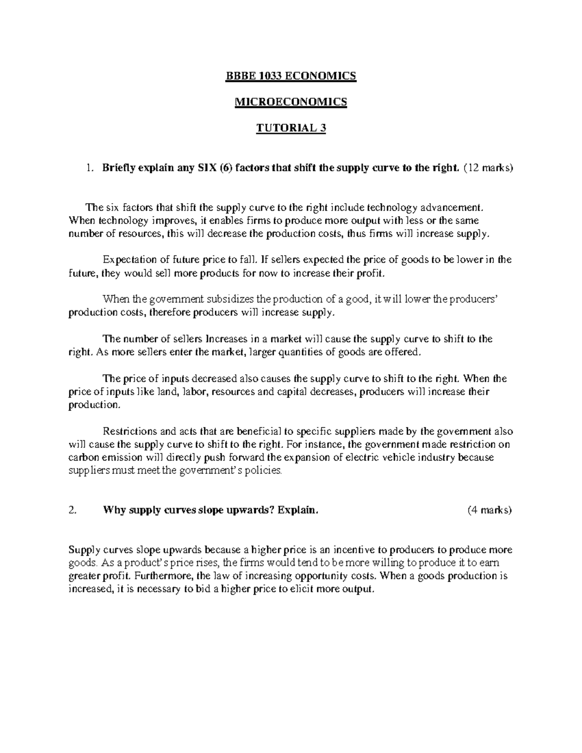 Tutorial 3 DD SS - Economics Chap3 - BBBE 1033 ECONOMICS MICROECONOMICS ...