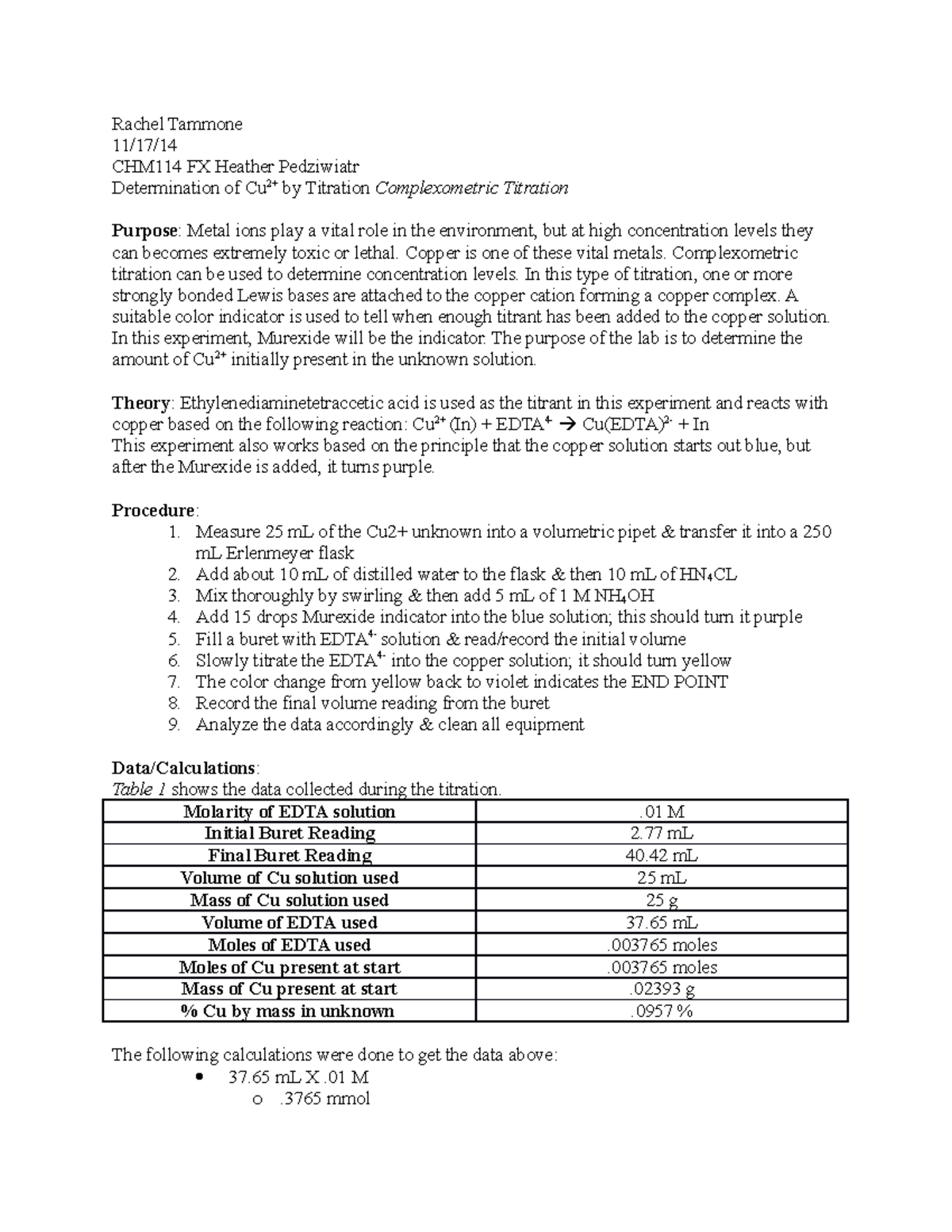 Determination of Cu - Laboratory Report - Rachel Tammone CHM114 FX ...