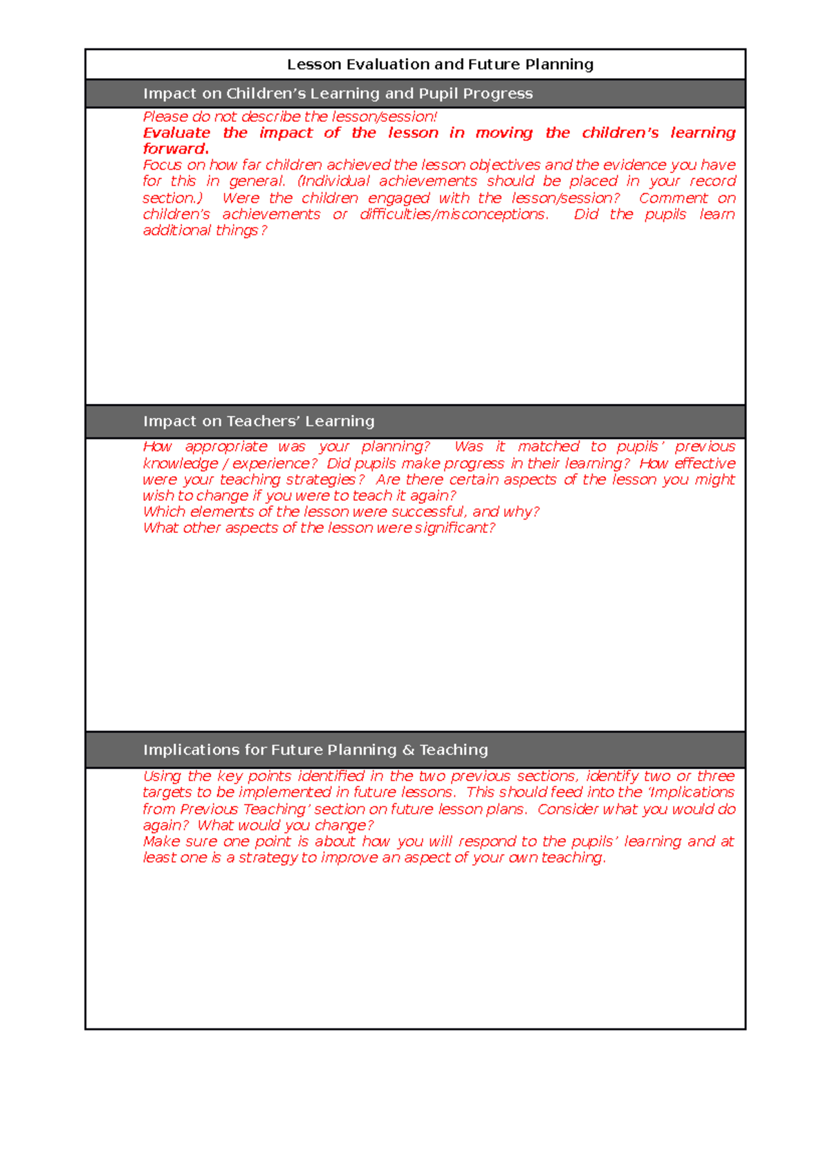 Evaluation template - Lesson Evaluation and Future Planning Impact on ...