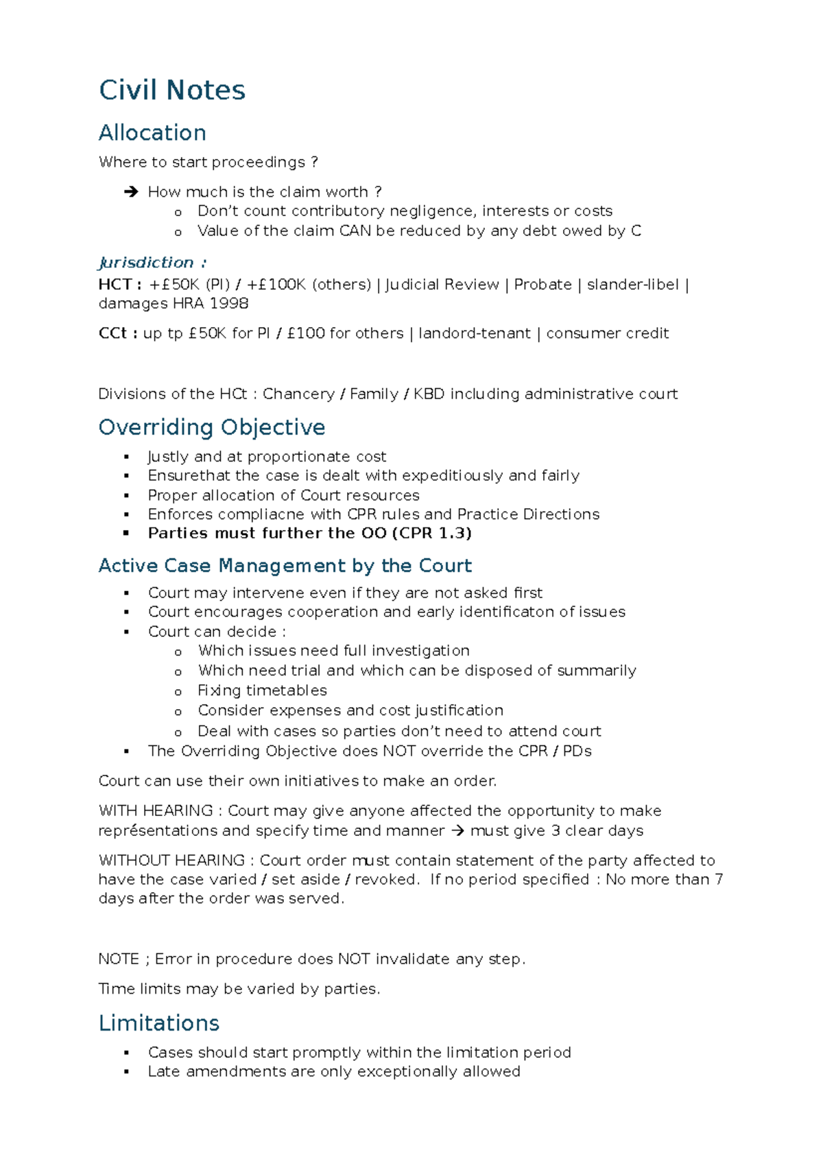 Civil Notes - Civil Notes Allocation Where to start proceedings? How ...