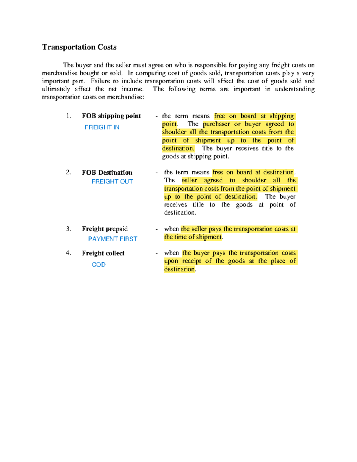 Transportation Costs - In computing cost of goods sold, transportation ...
