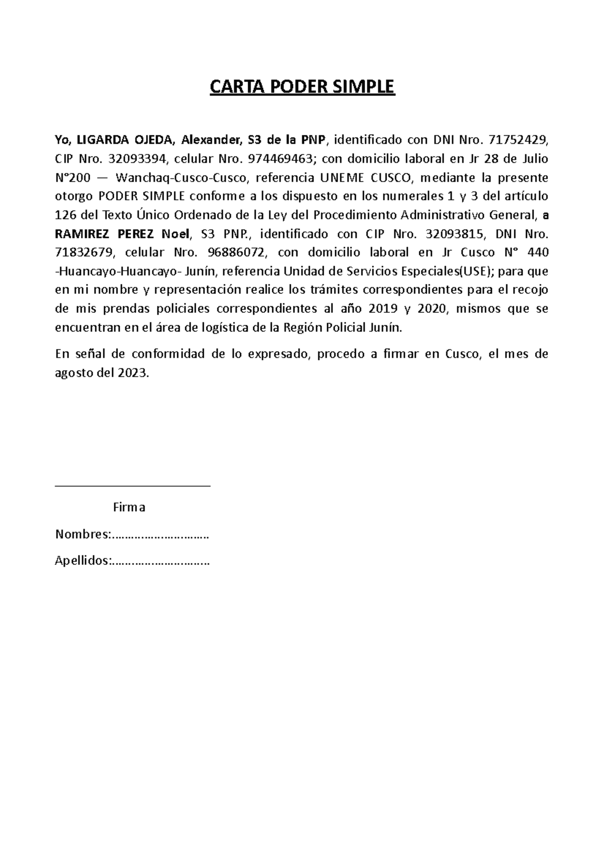 Carta Poder Simple - CARTA PODER SIMPLE Yo, LIGARDA OJEDA, Alexander ...