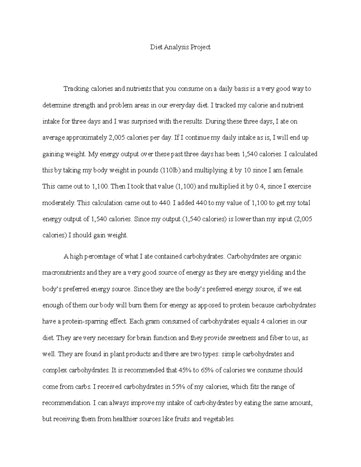 Diet Analysis Paper - Diet Analysis Project Tracking calories and ...