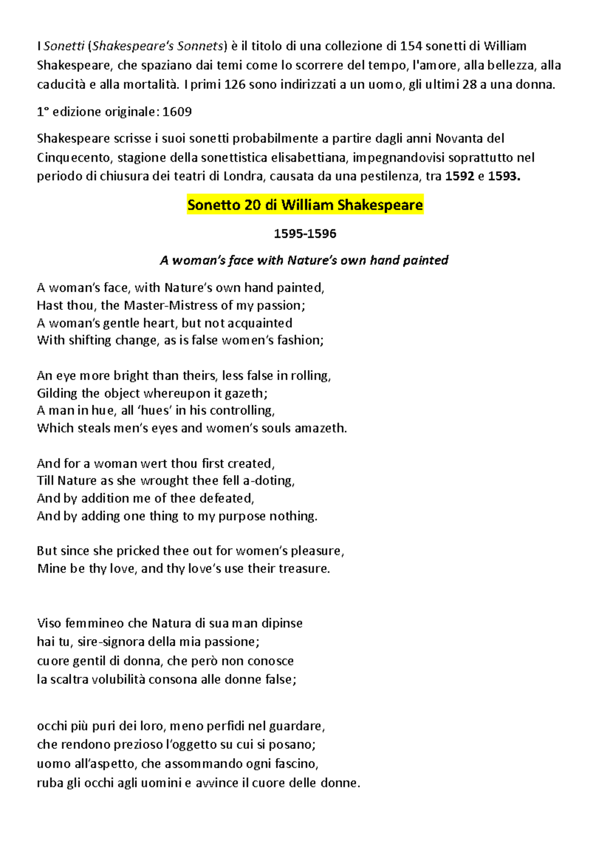 Sonetto 20 di William Shakespeare - I Sonetti (Shakespeare's Sonnets) è ...